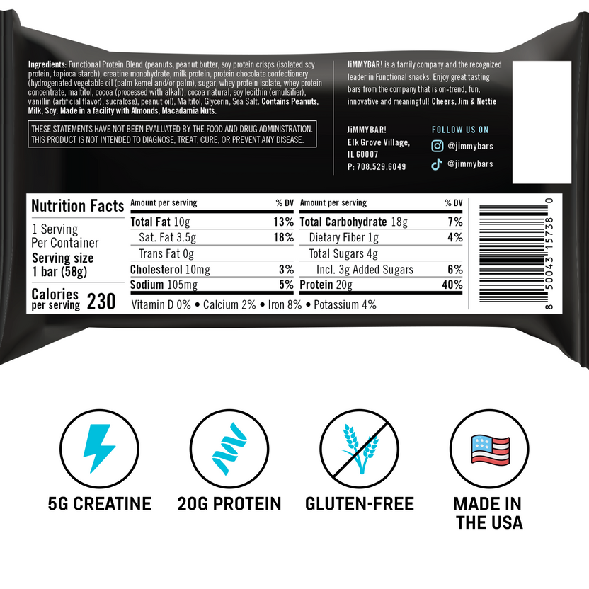 America's first Creatine Protein Bar - Chocolate Peanut Butter JiMMYBAR ...